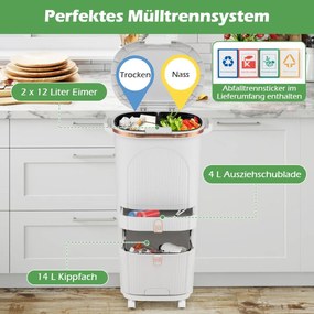 Costway 42 L kuchyňský odpadkový koš s víkem a 3 přihrádkami pedálový odpadkový