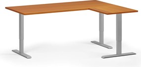 Rohový výškově nastavitelný stůl, 180x140 cm, 3 motory, L/P, šedá podnož, třešeň