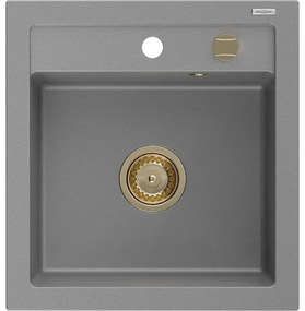 Mexen Vito, granitový dřez 520x490x210 mm, 1-komorový, šedá se zlatým sifonem, 6503521000-71-G
