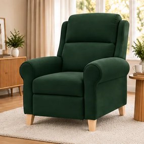 křeslo relaxační, odpočinkové, ušák, dřevo/textil, 101x95x75 cm, přírodní/tmavě zelená, Dekorino VILAR
