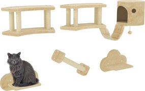PawHut Sada pro lezení koček, 5dílný nábytek pro kočky s škrábadlem, skákacími platformami, žebříkem, domkem, stěnová struktura pro kočky, pro kočky d