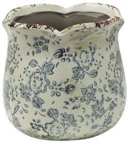 Retro béžový květináč se šedými květy Soleil M – 15x14 cm