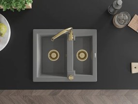 Mexen Carlos, granitový dřez 582x475x177 mm, 1,5-komorový, šedá se zlatým sifonem, 6518581500-71-G