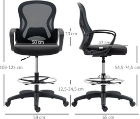 Vinsetto Kancelářská židle s vysokým opěrákem - nastavitelná, rozměry 59 Š x 65 H x 124 V cm, 360° otáčecí, prodyšná černá síťovina