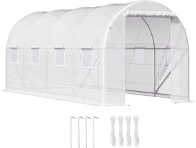 Zahradní tunelová skleník Outsunny s 8 okny a rolovacími dveřmi, kovový rám a polyethylenový kryt, 5x2x2m, bílý | Aosom