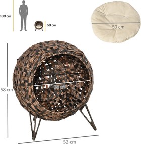 PawHut ratanový pelíšek pro kočky s polštářem na vyvýšených nožkách pro kočky hnědý Ø52x58cm | Aosom