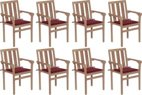 vidaXL Stohovatelné zahradní židle s poduškami 8 ks masivní teak [3073433] Barva: vínová červená