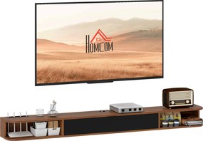 HOMCOM Závěsný TV nábytek, televizní stolek pro televize až do 190,5 cm, výklopná zásuvka, 2 police, 180x24x16 cm, ořech