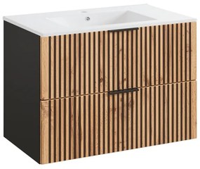 COMAD Závěsná skříňka s umyvadlem - XILO 82-80, šířka 80 cm, dub votan/matná šedá