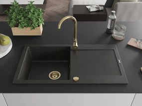 Mexen Leo, dřez granitový 900x500x190 mm, 1-komorový, černá-zlatá metalíza se zlatým sifonem, 6501901010-75-G