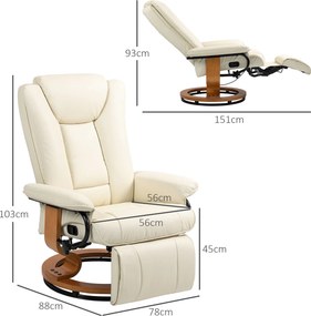 HOMCOM TV křeslo s funkcí polohování, otočné křeslo s nastavitelným opěradlem, lounge křeslo s nosností do 150 kg, umělá kůže, krémové