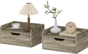 HOMCOM 2dílný set nástěnných nočních stolků, noční stolky se zásuvkou a poličkou s vyšším okrajem, 40x30x19,5 cm, šedá