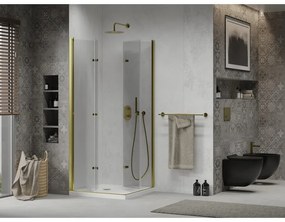 Mexen Lima Duo skládací sprchový kout 80 x 80 cm, Průhledné, Zlatá + sprchová vanička Flat - 856-080-080-50-02-4010G