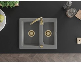Mexen Carlos, granitový dřez 582x475x177 mm, 1,5-komorový, šedá se zlatým sifonem, 6518581500-71-G
