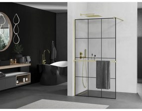 Mexen Kioto+, sprchová zástěna Walk-In s poličkou a věšákem 120 x 200 cm, 8mm čiré sklo černý vzor, ​​zlatý matný profil, 800-120-121-55-77