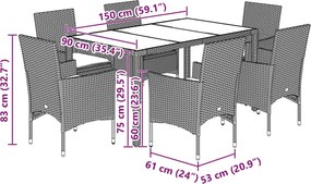 7dílný zahradní jídelní set s poduškami černý polyratan a sklo 3278540