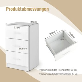 Costway Noční stolek se 3 zásuvkami s vysokým leskem – 37,1 × 34,2 × 66,5 cm