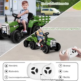 Costway 12 V dětský traktor s odnímatelným přívěsem a dálkovým – tmavě zelená