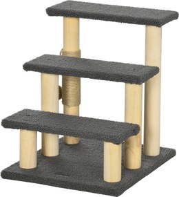 PawHut Kočičí Schody 3-Stupňové, 48 cm Pet Schody s Sisalovým Sloupem, Psí Schody s Hračkou, Pomůcka pro Vstup na Vyšší Postele, Borovicové Dřevo, Šed
