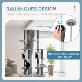 Stropní škrabadlo PawHut výškově nastavitelné 225-255 cm s ochranou proti překlopení Jeskyně pro kočky Škrabadla Hrací míč Grey | Aosom.de