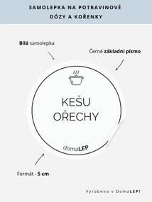 KEŠU OŘECHY – bílá samolepka na dózu, základní písmo, 5 cm | DomaLEP