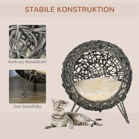 PawHut ratanový domeček pro kočky Elegantní kočičí jeskyně s polštářem, vyvýšené nohy, stříbrně šedá, Ø52x58cm| Aosom