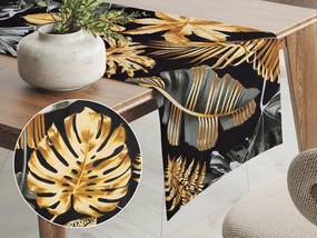 Biante Bavlněný běhoun na stůl Sandra SA-389 Šedozelené a zlaté tropické listy na černém 35x180 cm