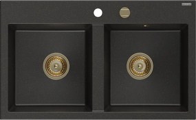 Mexen Hektor, 2-komorový granitový dřez 800x480x205 mm, černá-zlatá metalíza, zlatý sifon, 6521802000-75-G