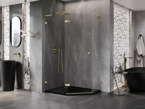 Mexen Lunar, L pětiúhelníkový sprchový kout naklápěcí doleva 80 x 90 cm, 8mm čiré sklo, zlatý matný profil, 831L-080L-090P-55-00-L