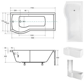 Besco Inspiro akrylátová vana s vanovou zástěnou Délka vany: 170cm, Orientace: Levá