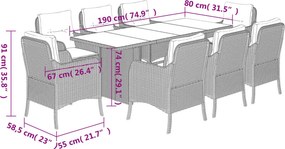 9dílný zahradní jídelní set s poduškami černý polyratan 3211881