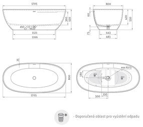 Oválná vana z litého mramoru ALLYSA WHITE / BLACK Z 1700 × 800 Bílá 5231000