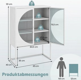 Costway Kovová komoda 85 cm Úložná skříňka s 2 dvířky z tvrzeného skla