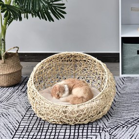 PawHut ratanový pelíšek pro kočky Pohodlná jeskyně pro kočky s polštářem Koš pro kočky a pelíšek pro psy Béžová Ø56x35cm pro kočky a malé psy | Aosom…