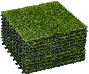 Outsunny umělá tráva 10 kusů travní koberec 30 x 30 cm 25 mm tmavě zelený pro balkonovou zahradu, odolný a snadno udržovatelný, umělý trávník z plastu