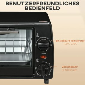 HOMCOM Mini trouba 10L 750W do 230°C s časovačem 60 min malá elektrická trouba včetně plechu a roštu 36,5x26x22 cm černá