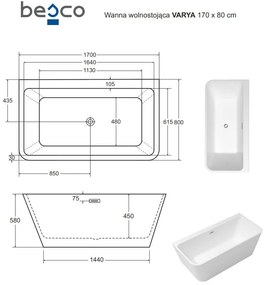 BESCO Volně stojící vana VARYA bílá Barva - Bílá, Barva sifonu - Černá, Rozměr vany - 170 × 80 cm VANVARYA170B