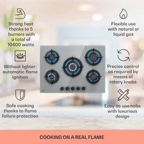 Klarstein Firetale, plynová varná deska, 5 hořáků, 70 cm, hliníkové hořáky, včetně hadice a redukčního ventilu