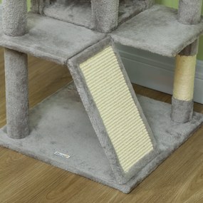 PawHut Kočičí škrabadlo výška 138 cm, strom pro kočky s sisalovými škrabacími sloupy, platformami, úkryty, zavěšenými míčky a hamakem, světle šedé