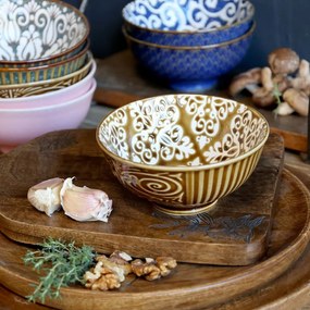 Hnědá porcelánová miska s květy uvnitř Arés - Ø12*5,5 cm / 300ml