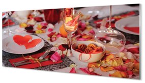 akrylový obraz Srdce okvětní lístky růží večeře brýle 120x60 cm