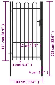 vidaXL Marketos Plotová brána BOXTEL jednokřídlé dveře s klenutým vrškem ocelová 1x1,75 m černá