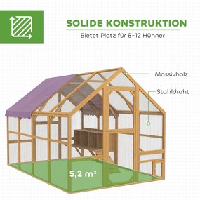 Dřevěný kurník s volným výběhem, bezpečnostní zámek, dvířka, 4 hnízdní boxy, pro 8-12 kuřat, cca 2,8 x 1,8 x 1,9 m, žlutý