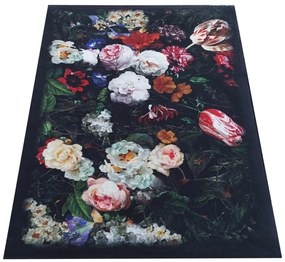 Moderní kusový koberec protiskluzový Horeca-New 119 Květy černý Rozměr: 60x100 cm