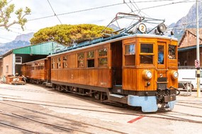 DIMEX | Samolepicí vliesová fototapeta na zeď Retro tramvaj MA-5-2886 | 375 x 250 cm | zelená, hnědá, šedá