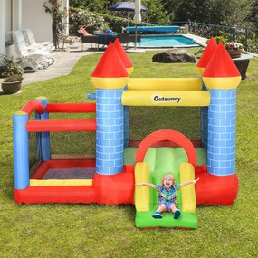 Outsunny skákací hrad s ventilátorem a skluzavkou, bazén, unese až 90 kg pro 3 děti, pro věk 3-8 let, červeno-modro-zelený, 280x260x210 cm