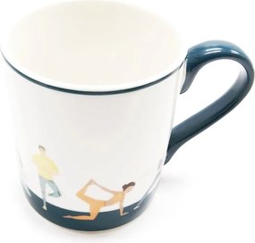Porcelánový hrnek Jóga, 280 ml – bílý, s modrým ouškem a barevným motivem jógy
