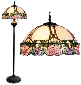 Stojací lampa Tiffany Prunellie růžovo zelená s motivem růží – 164 cm