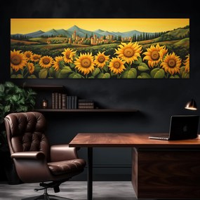 Obraz na plátně - Slunečnicové pole s vesničkou v kopcích FeelHappy.cz Velikost obrazu: 210 x 70 cm