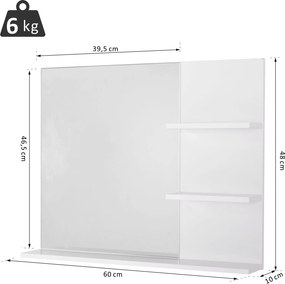 kleankin koupelnové zrcadlo nástěnné zrcadlo se 3 policemi, zrcadlová polička do koupelny, MDF bílá 60x10x48cm, moderní design pro pořádek | Aosom.de